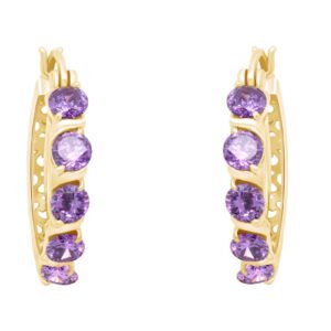 Round Cut Purple February Amethyst Birthstone Snap Closure Hoop Earrings In 14k Yellow Gold Over Sterling Silver