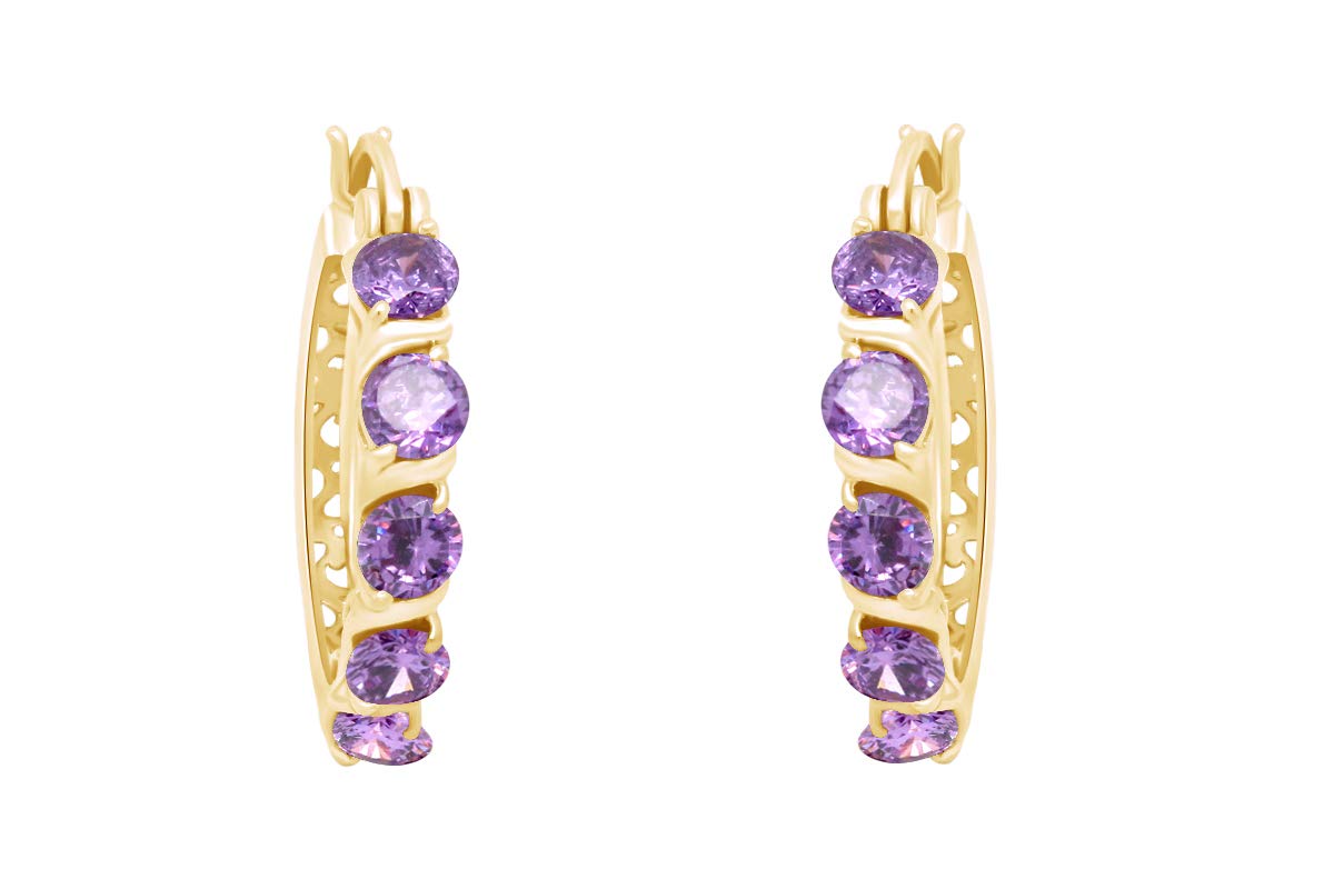 Round Cut Purple February Amethyst Birthstone Snap Closure Hoop Earrings In 14k Yellow Gold Over Sterling Silver