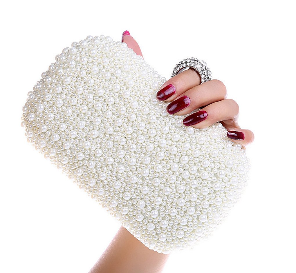 Snowskite Women's Luxury Full Pearls Kiss Lock Evening Bag Prom Wedding Clutch Purse Ivory