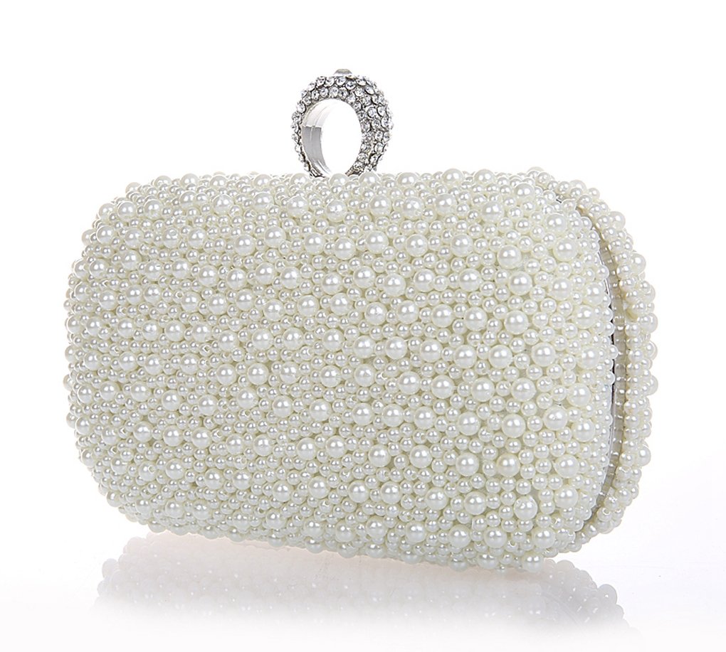 Snowskite Women's Luxury Full Pearls Kiss Lock Evening Bag Prom Wedding Clutch Purse Ivory