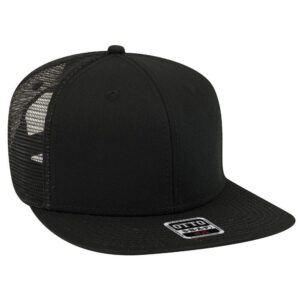 otto square flat visor snap 6 panel mesh back trucker snapback hat - black