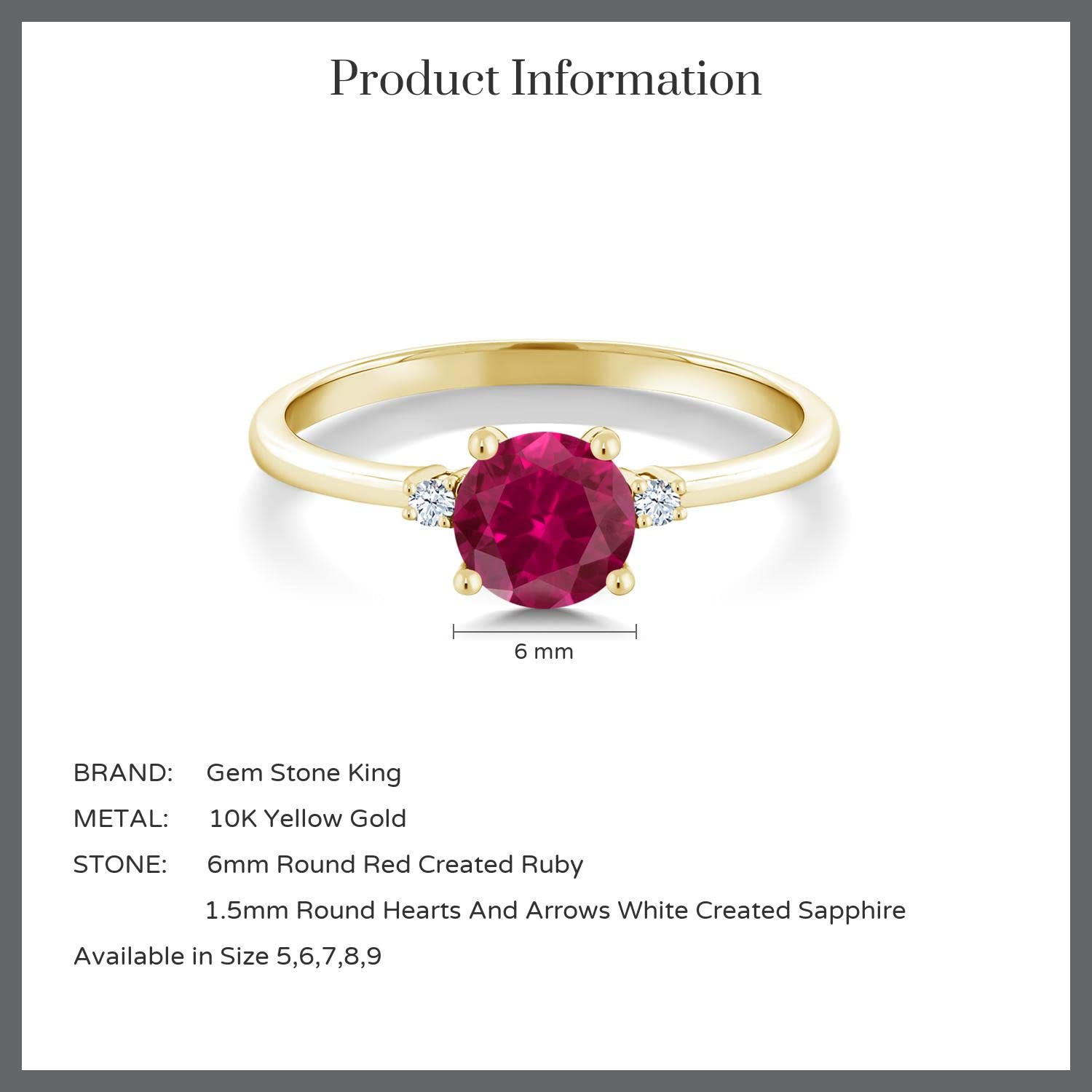 Gem Stone King 10K Yellow Gold Red Created Ruby and White Created Sapphire Solitaire Engagement Ring For Women (1.03 Cttw, Round 6MM, Gemstone July Birthstone, Size 7)