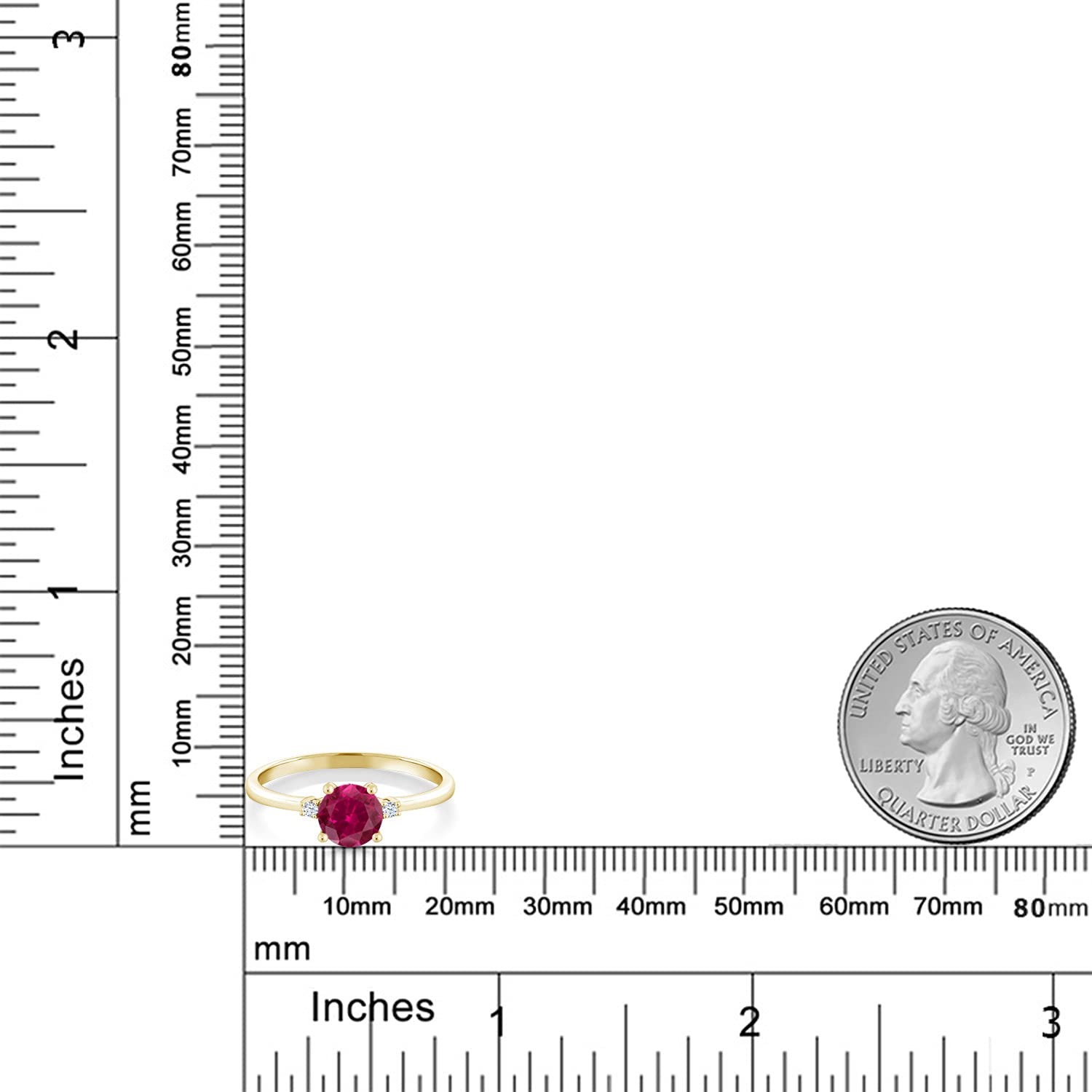 Gem Stone King 10K Yellow Gold Red Created Ruby and White Created Sapphire Solitaire Engagement Ring For Women (1.03 Cttw, Round 6MM, Gemstone July Birthstone, Size 7)