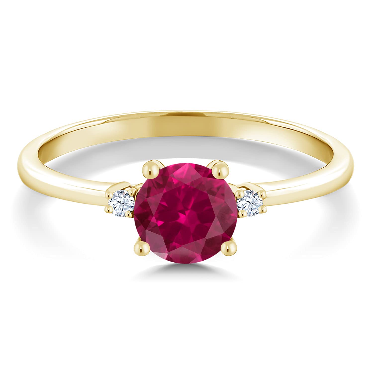 Gem Stone King 10K Yellow Gold Red Created Ruby and White Created Sapphire Solitaire Engagement Ring For Women (1.03 Cttw, Round 6MM, Gemstone July Birthstone, Size 7)