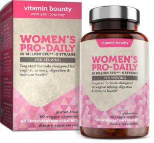 vitamin bounty women's pro-daily probiotic - 10 billion cfus, and 5 strains, help vaginal & digestive health, vaginal probiotic & prebiotic & ph balance, cranberry, gluten-free - 60 capsules