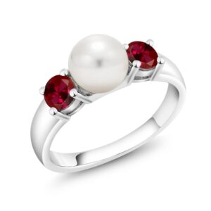 gem stone king 925 sterling silver freshwater pearl and red created ruby ring for women (0.80 cttw, gemstone july birthstone, size 6)