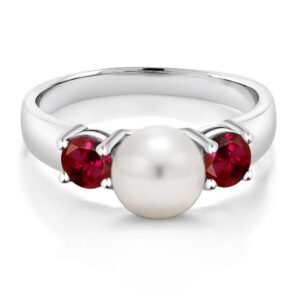 Gem Stone King 925 Sterling Silver Freshwater Pearl and Red Created Ruby Ring For Women (0.80 Cttw, Gemstone July Birthstone, Size 6)