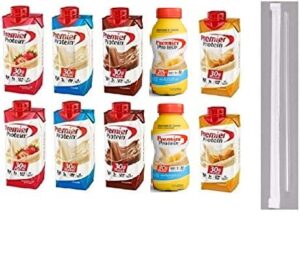 premier protein shakes drinks - low carb high protein shakes variety 10 pack (30g) | 2 of each flavor - chocolate, strawberry, vanilla, banana & caramel | bonus of 10 individually wrapped straws