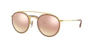 ray-ban rb3647n double bridge round sunglasses, gold/brown gradient mirrored pink, 51 mm + 1