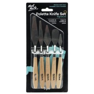 mont marte studio palette knife set, 5 piece. selection of different sizes and styles of stainless steel palette knives.