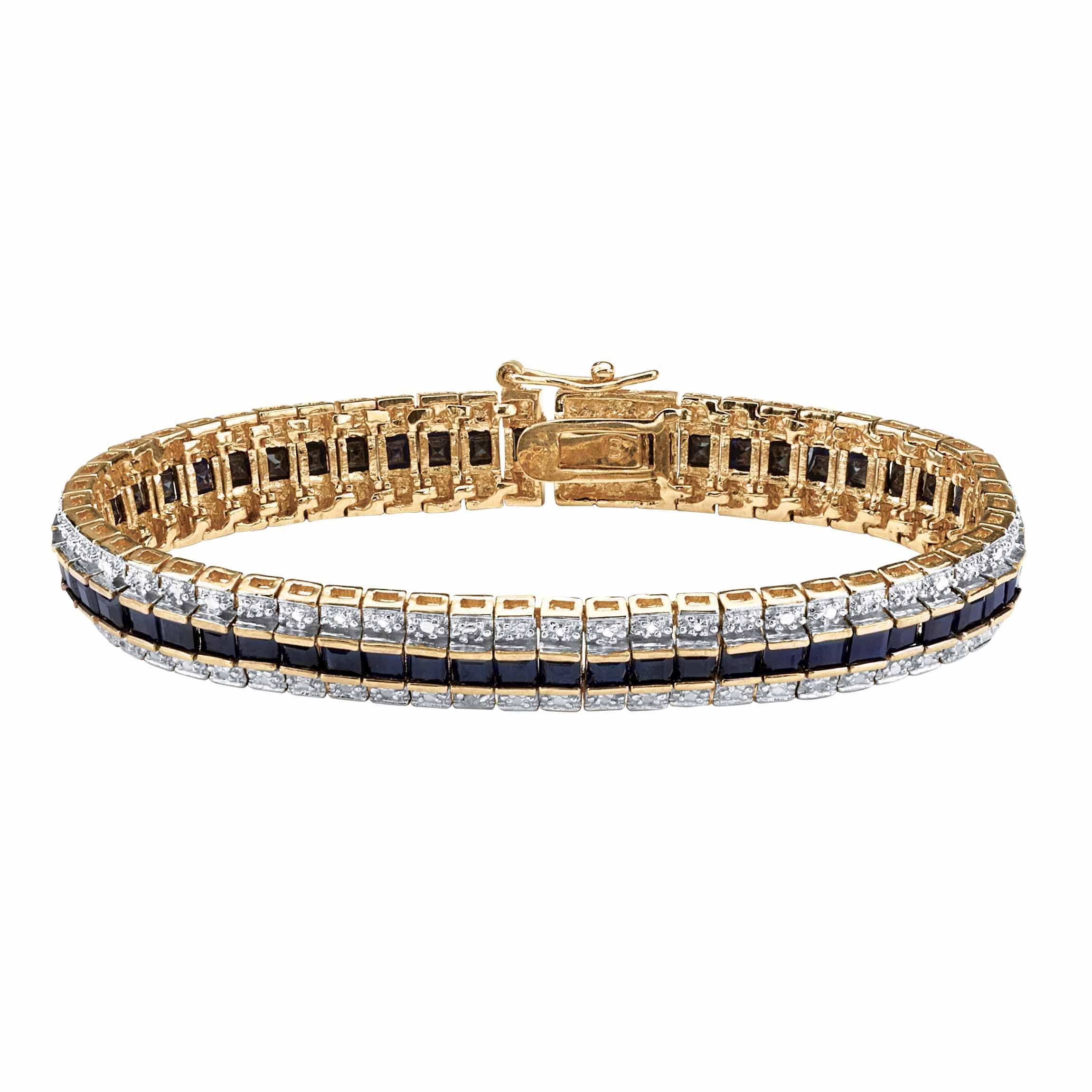 PalmBeach Yellow Gold-plated Princess Cut Genuine Blue Sapphire and Diamond, Tennis Bracelet (9mm), Box Clasp, 7 inches