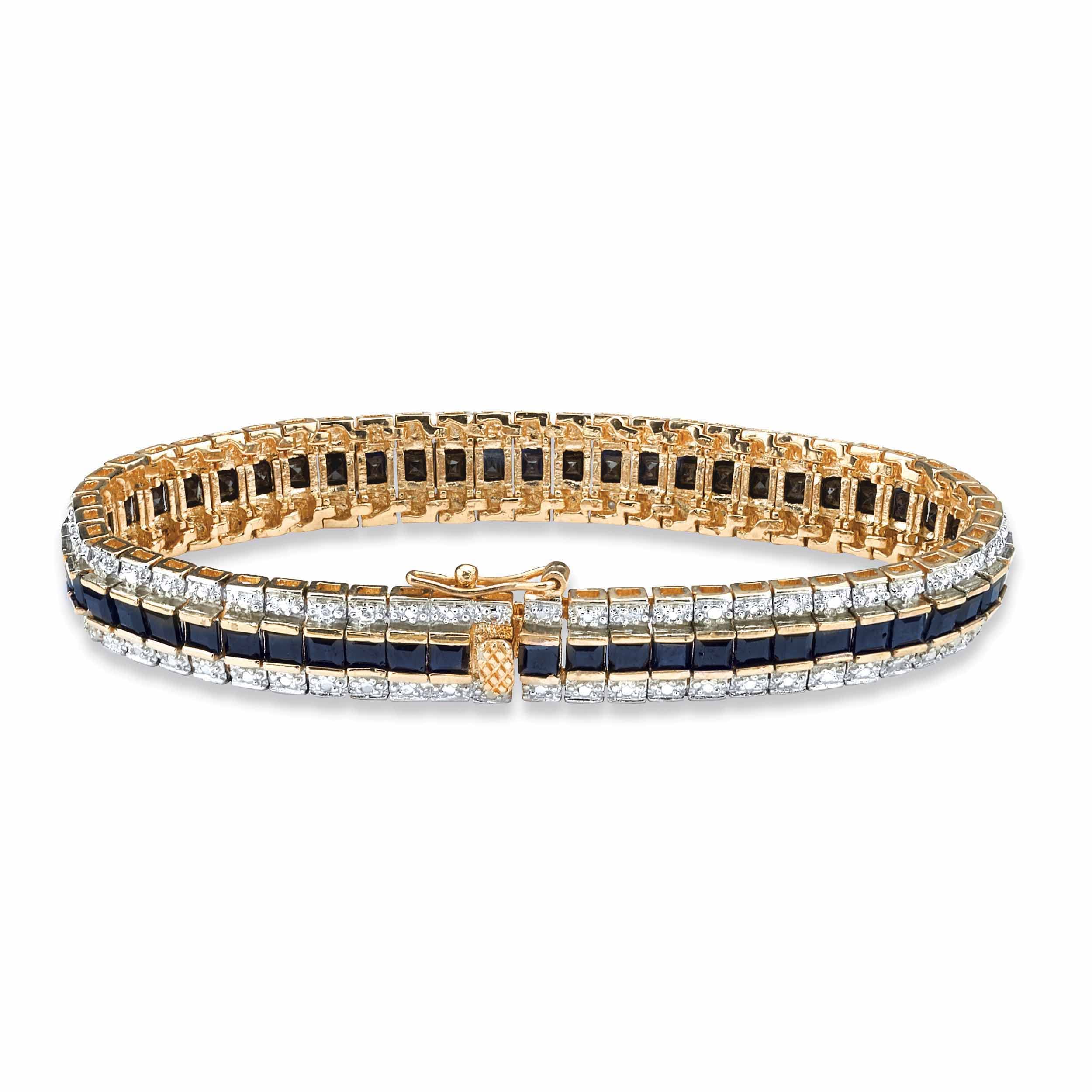 PalmBeach Yellow Gold-plated Princess Cut Genuine Blue Sapphire and Diamond, Tennis Bracelet (9mm), Box Clasp, 7 inches