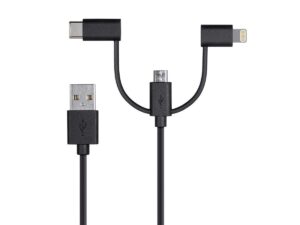 monoprice 118789 apple mfi certified usb to micro usb + usb type-c + lightning charge and sync cable - 3 feet - black