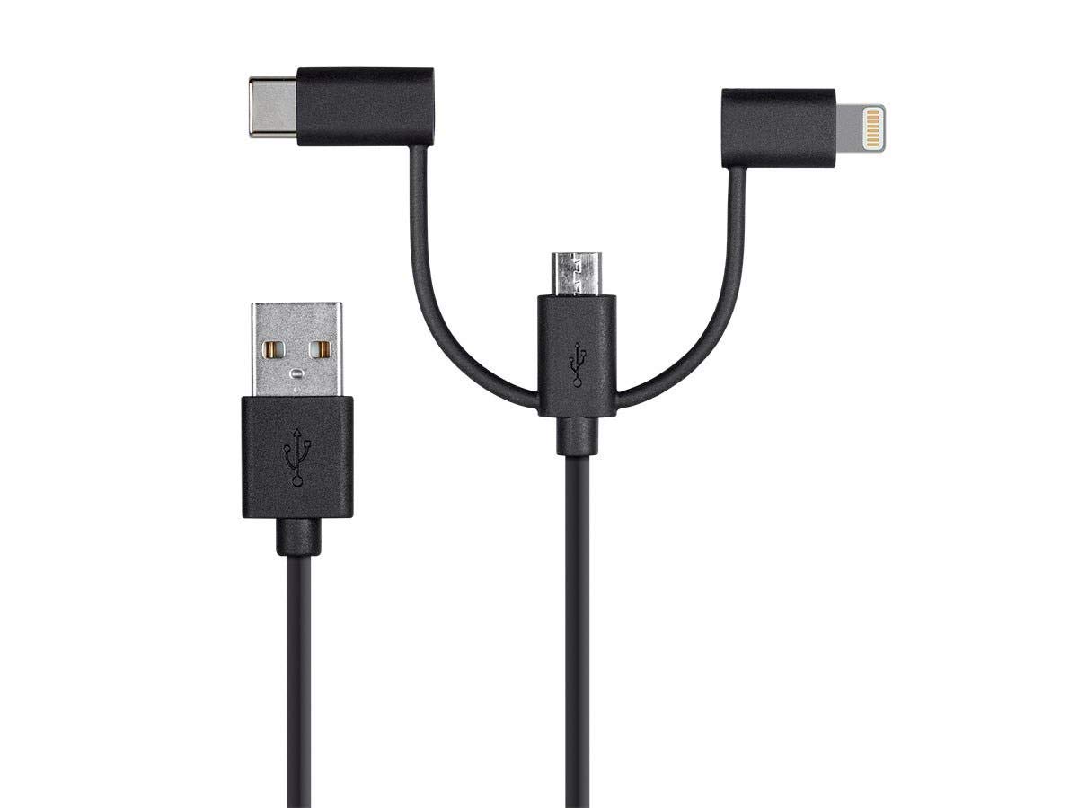 Monoprice 118789 Apple MFi Certified USB to Micro USB + USB Type-C + Lightning Charge And Sync Cable - 3 Feet - Black