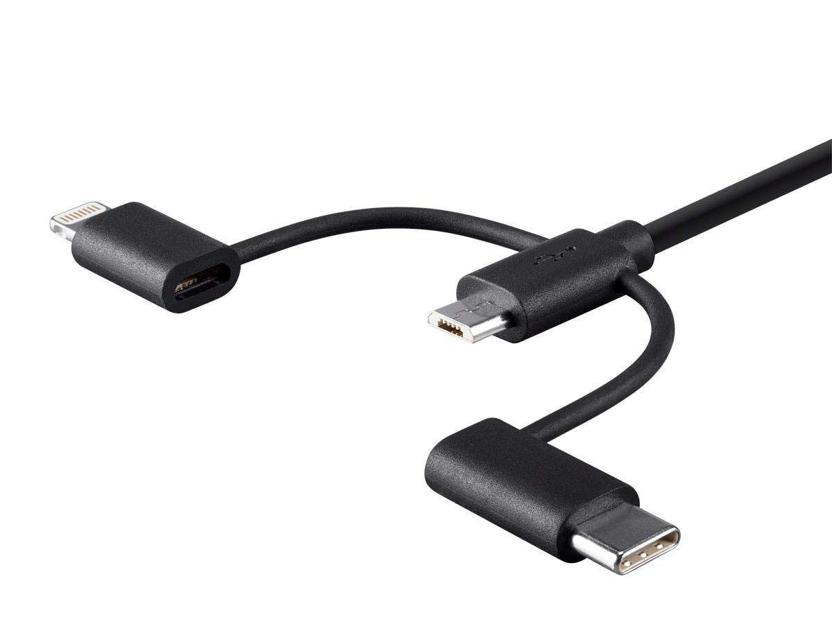 Monoprice 118789 Apple MFi Certified USB to Micro USB + USB Type-C + Lightning Charge And Sync Cable - 3 Feet - Black