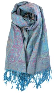 plum feathers pashmina scarf with ethnic tapestry style paisley pattern - 67" x 28" everyday pashmina travel wrap and shawl (turquoise tapestry)