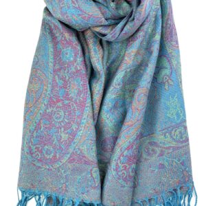 Plum Feathers Pashmina Scarf with Ethnic Tapestry Style Paisley Pattern - 67" x 28" Everyday Pashmina Travel Wrap and Shawl (Turquoise Tapestry)