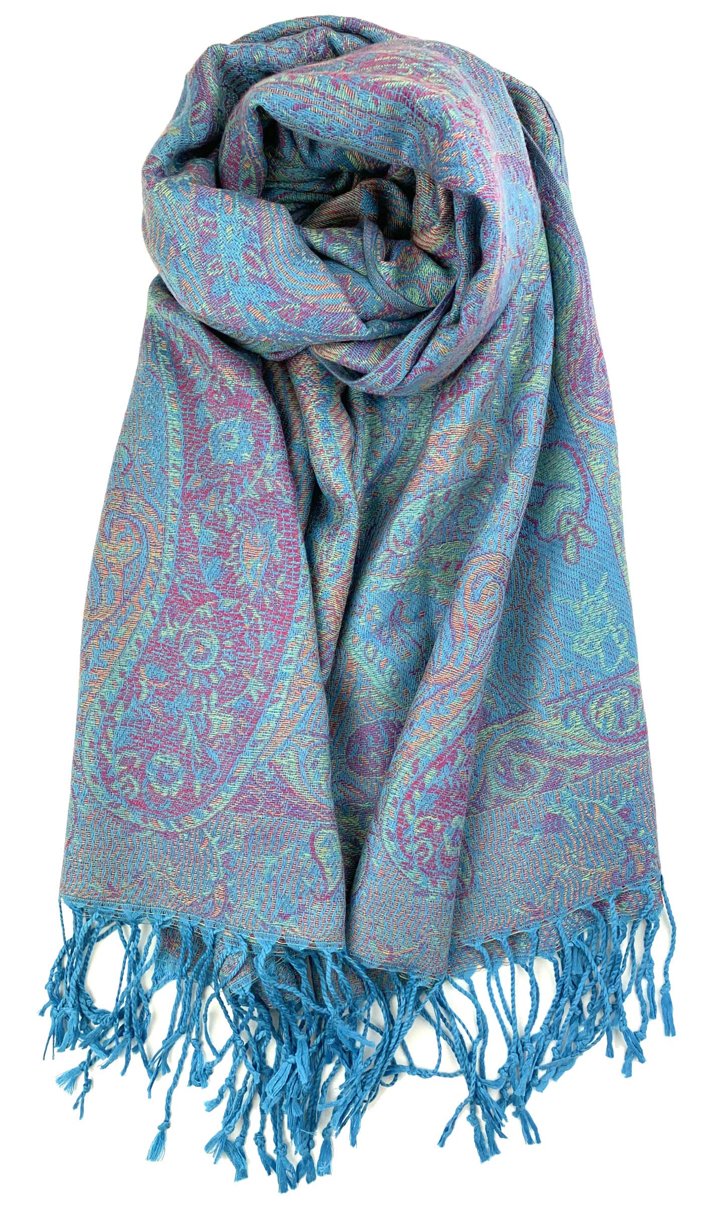 Plum Feathers Pashmina Scarf with Ethnic Tapestry Style Paisley Pattern - 67" x 28" Everyday Pashmina Travel Wrap and Shawl (Turquoise Tapestry)