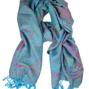 Plum Feathers Pashmina Scarf with Ethnic Tapestry Style Paisley Pattern - 67" x 28" Everyday Pashmina Travel Wrap and Shawl (Turquoise Tapestry)