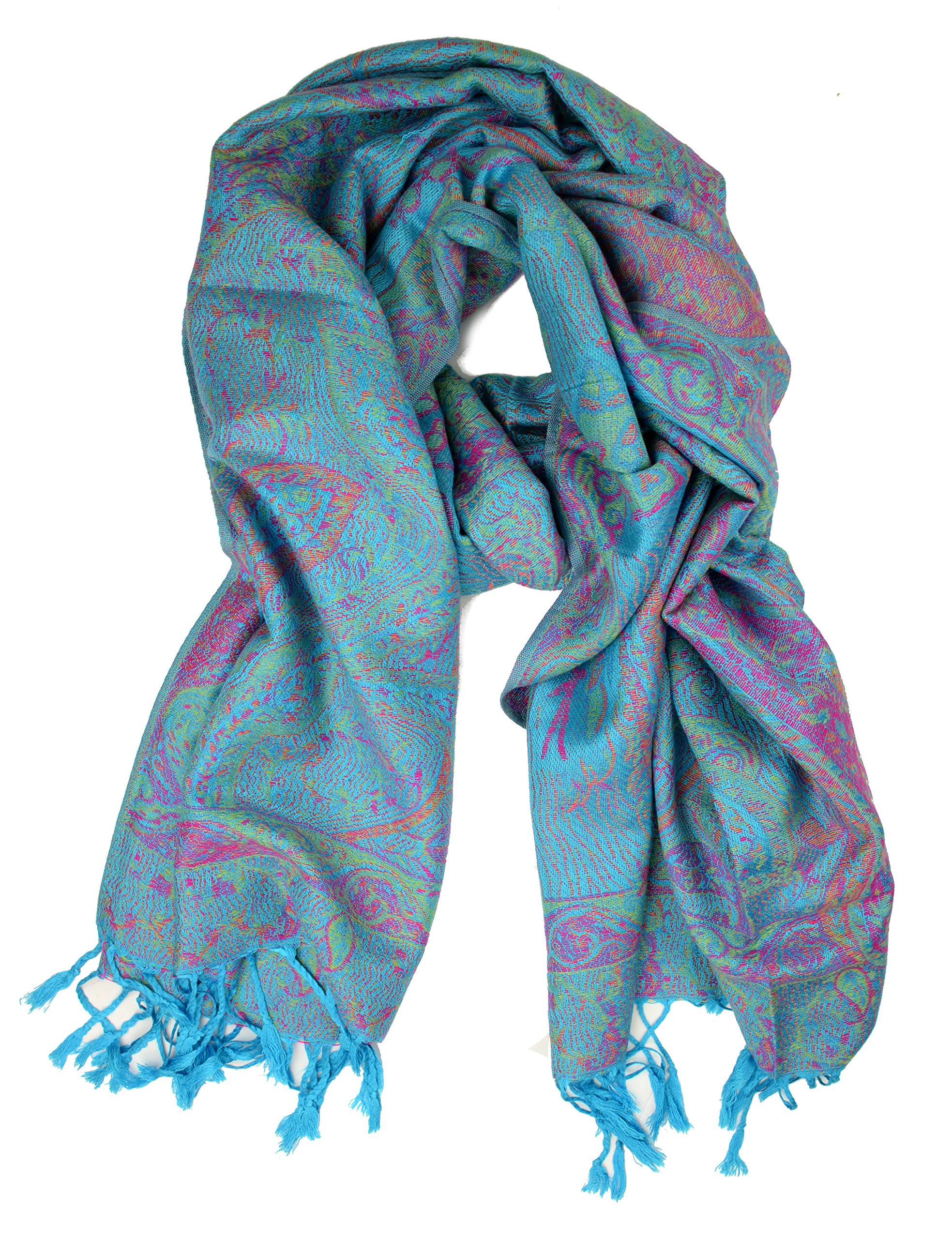 Plum Feathers Pashmina Scarf with Ethnic Tapestry Style Paisley Pattern - 67" x 28" Everyday Pashmina Travel Wrap and Shawl (Turquoise Tapestry)