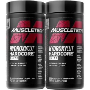 hydroxycut hardcore elite - 100 rapid-release thermo caps, pack of 2 - energy & focus - for men & women - 100 total servings