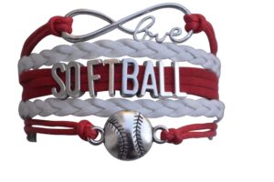 softball charm bracelet (red/white) bracelets, adjustable bracelet with softball charm. braided bracelets for softball players, softball team, and coaches - by sportybella