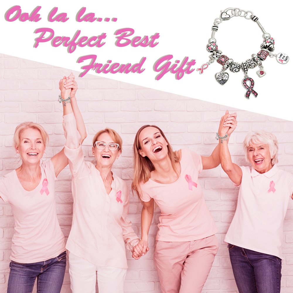 Lola Bella Gifts Crystal Keep the Faith Pink Ribbon Breast Cancer Awareness Charm Bracelet with Gift Box