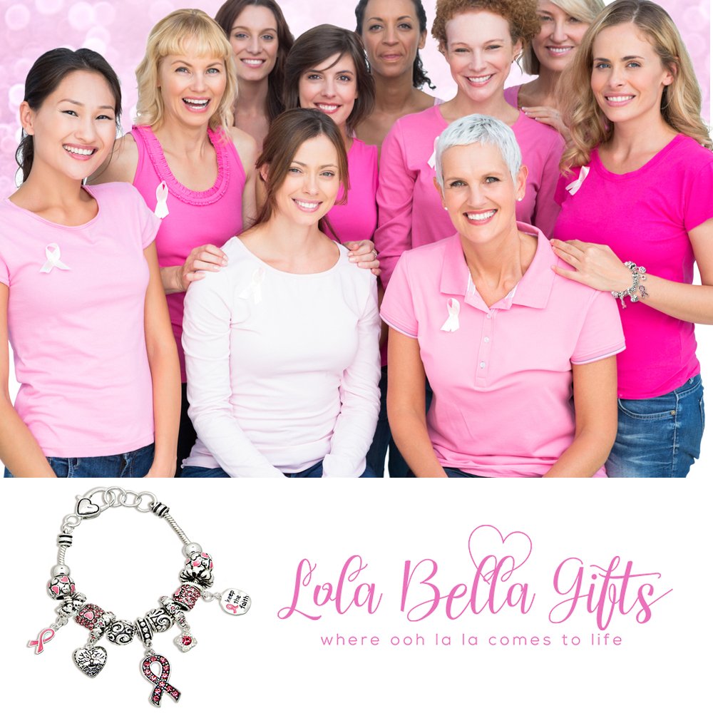 Lola Bella Gifts Crystal Keep the Faith Pink Ribbon Breast Cancer Awareness Charm Bracelet with Gift Box