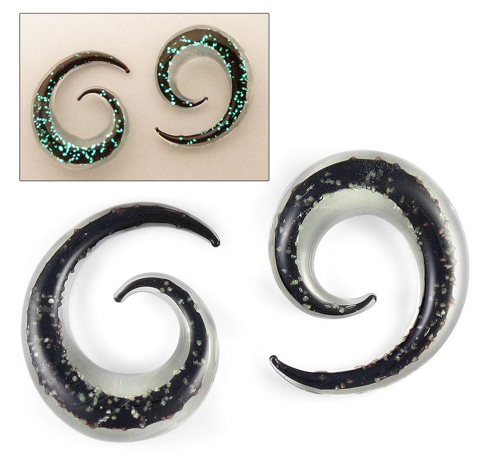 Scrap Metal 23 Pair Glow in The Dark Black Pyrex Glass Spiral 00g 00 Gauge 10mm