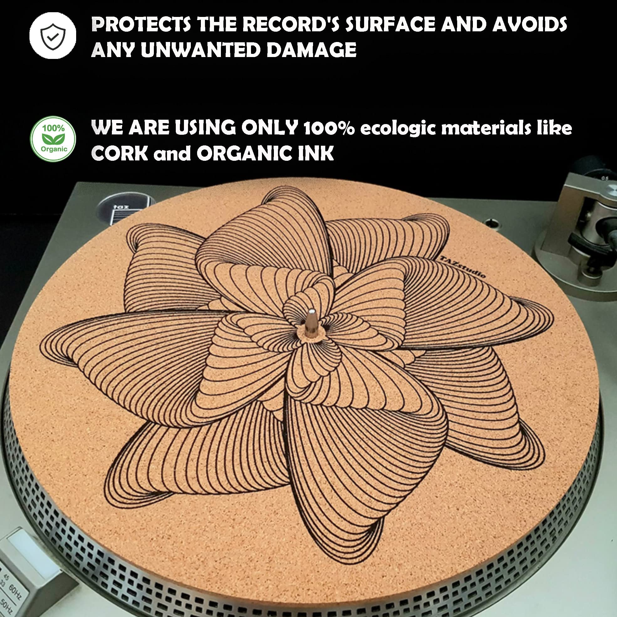 TazStudio Premium slipmat - Cork Turntable Mat for Better Sound Support on Vinyl LP Record Player - Cork mat Original Geometric Design Psychedelic Geometric line Spiral Flower [4mm Thickness]-m4