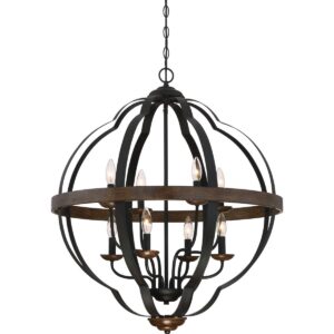 quoizel srn5208mk siren metal and woods foyer pendant chandelier, 8-light 480 total watts, 33" h x 28" w, marcado black