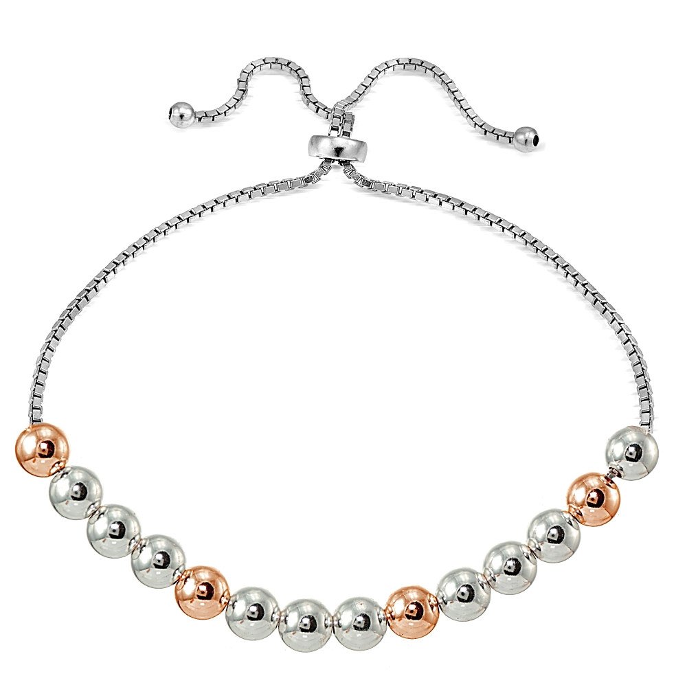 Hoops & Loops Sterling Silver Rose Gold Flashed Two-Tone 6mm Bead Adjustable Bracelet