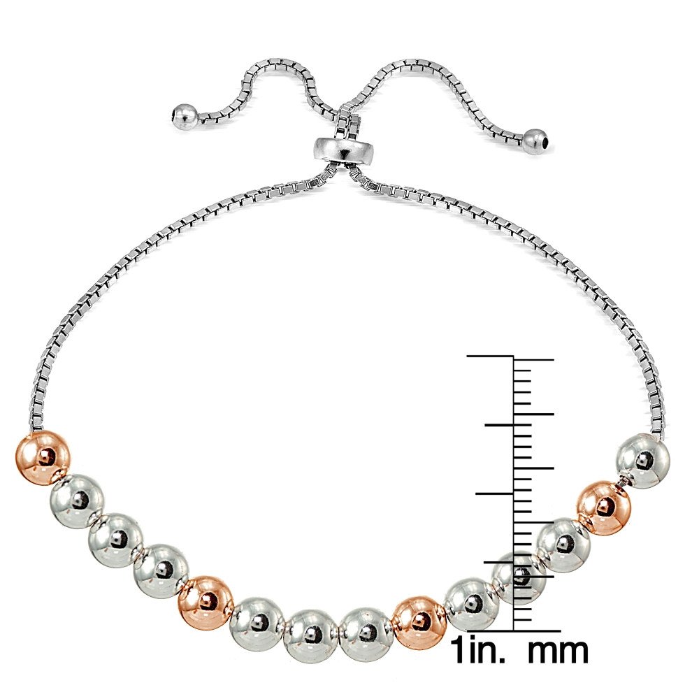 Hoops & Loops Sterling Silver Rose Gold Flashed Two-Tone 6mm Bead Adjustable Bracelet