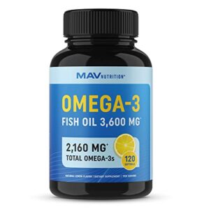 triple strength omega 3 fish oil | 3600 mg epa & dha | over 2100mg of omega 3 fatty acids | 1300mg epa + 860mg dha | best essential fatty acids | premium burpless softgel supplements (120 ct)