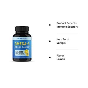 Triple Strength Omega 3 Fish Oil | 3600 mg EPA & DHA | Over 2100mg of Omega 3 Fatty Acids | 1300mg EPA + 860mg DHA | Best Essential Fatty Acids | Premium Burpless Softgel Supplements (120 Ct)