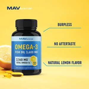 Triple Strength Omega 3 Fish Oil | 3600 mg EPA & DHA | Over 2100mg of Omega 3 Fatty Acids | 1300mg EPA + 860mg DHA | Best Essential Fatty Acids | Premium Burpless Softgel Supplements (120 Ct)