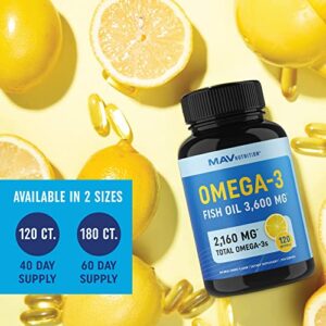 Triple Strength Omega 3 Fish Oil | 3600 mg EPA & DHA | Over 2100mg of Omega 3 Fatty Acids | 1300mg EPA + 860mg DHA | Best Essential Fatty Acids | Premium Burpless Softgel Supplements (120 Ct)