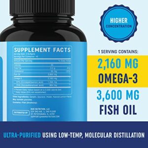 Triple Strength Omega 3 Fish Oil | 3600 mg EPA & DHA | Over 2100mg of Omega 3 Fatty Acids | 1300mg EPA + 860mg DHA | Best Essential Fatty Acids | Premium Burpless Softgel Supplements (120 Ct)