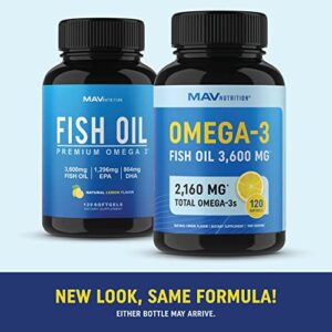 Triple Strength Omega 3 Fish Oil | 3600 mg EPA & DHA | Over 2100mg of Omega 3 Fatty Acids | 1300mg EPA + 860mg DHA | Best Essential Fatty Acids | Premium Burpless Softgel Supplements (120 Ct)