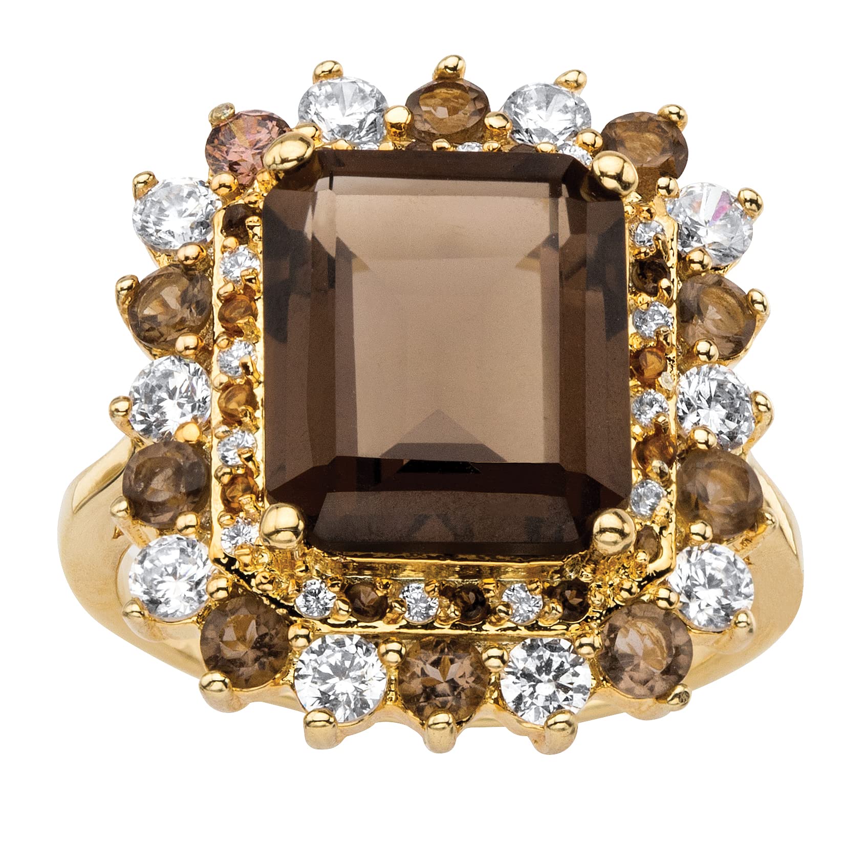 PalmBeach Yellow Gold-Plated Emerald Cut Genuine Smoky Topaz, Mystic Fire Purple or Blue Glass and Cubic Zirconia Ring Size 7