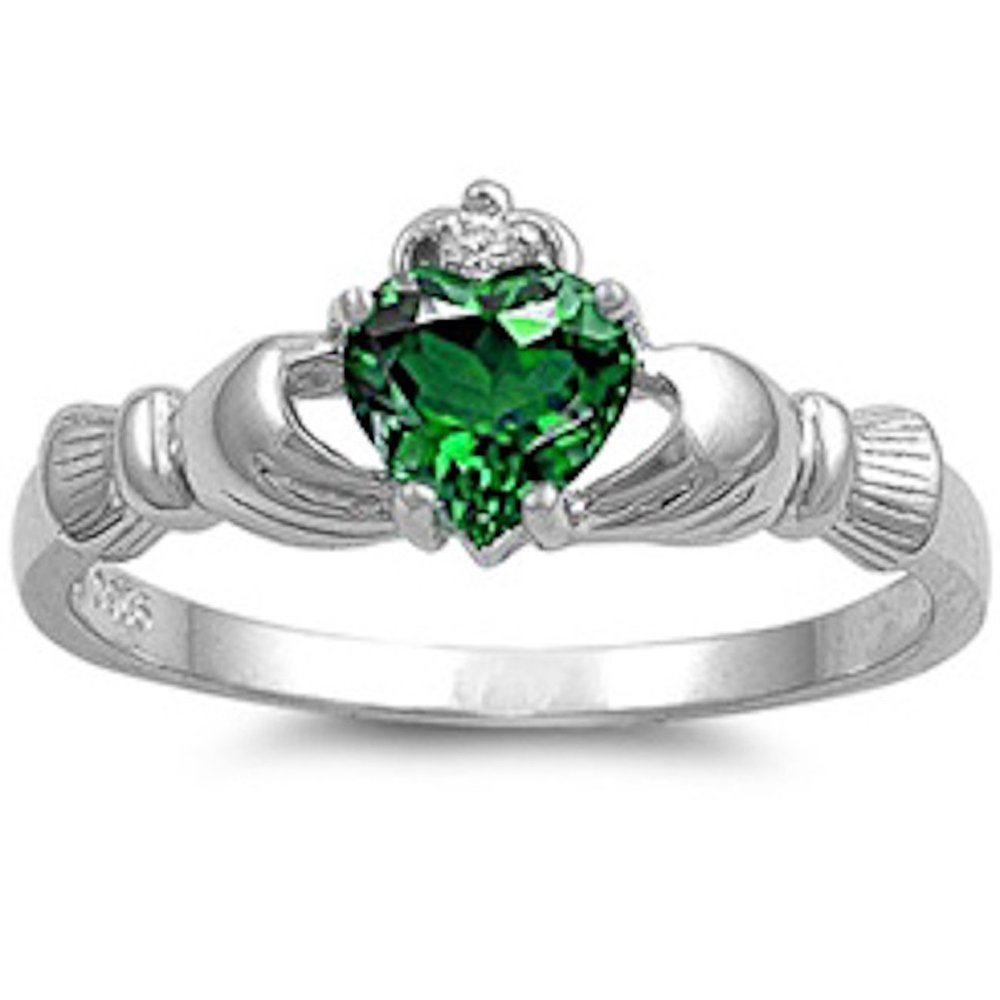 OMEGA DIAMOND CO Irish Claddagh Lab Created Emerald 925 Sterling Silver Ring (8)