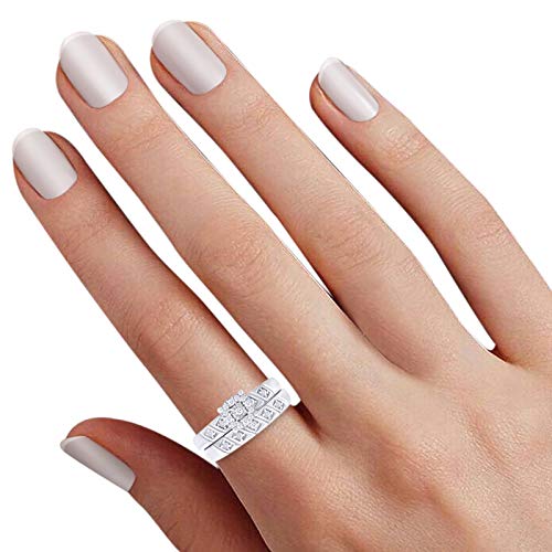 Jewel Zone US White Natural Diamond Engagement & Wedding Trio Band Ring Set in 14k White Gold Over Sterling Silver (0.1 Ct)