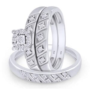 Jewel Zone US White Natural Diamond Engagement & Wedding Trio Band Ring Set in 14k White Gold Over Sterling Silver (0.1 Ct)