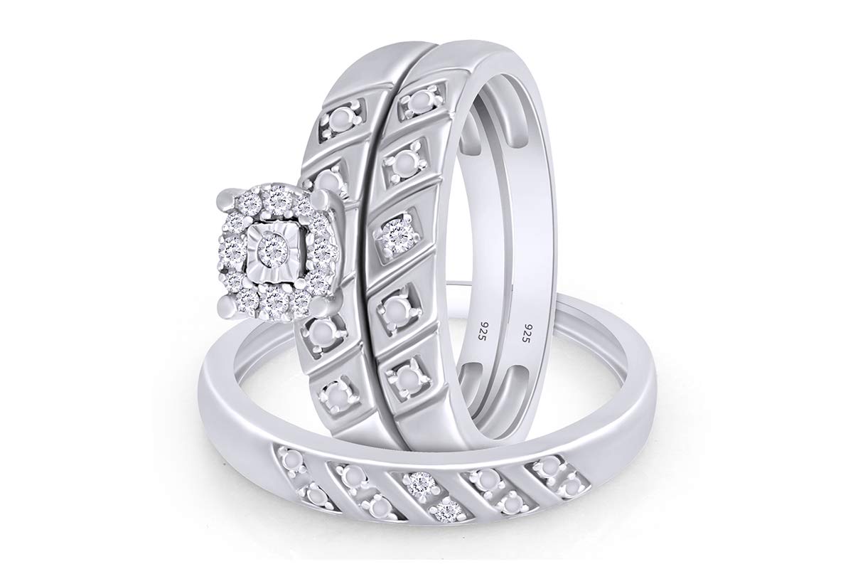 Jewel Zone US White Natural Diamond Engagement & Wedding Trio Band Ring Set in 14k White Gold Over Sterling Silver (0.1 Ct)