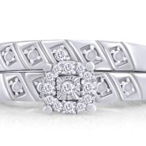 Jewel Zone US White Natural Diamond Engagement & Wedding Trio Band Ring Set in 14k White Gold Over Sterling Silver (0.1 Ct)