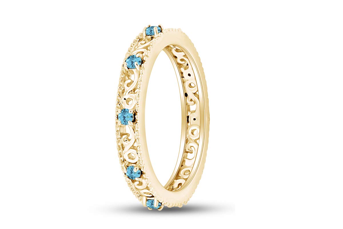 Jewel Zone US March Birthstone Round Cut Blue Aquamarine Stackable Ring in 14K Yellow Gold Over Sterling Silver