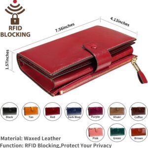 Itslife Womens Wallet RFID Blocking Large Capacity Luxury Wax Genuine Leather Wallets Clutch Wallet Ladies Card holder, Red