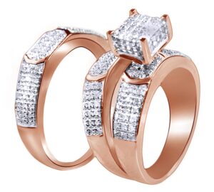 jewel zone us white natural diamond engagement & wedding trio bridal ring set in 10k solid rose gold (0.79 carat)