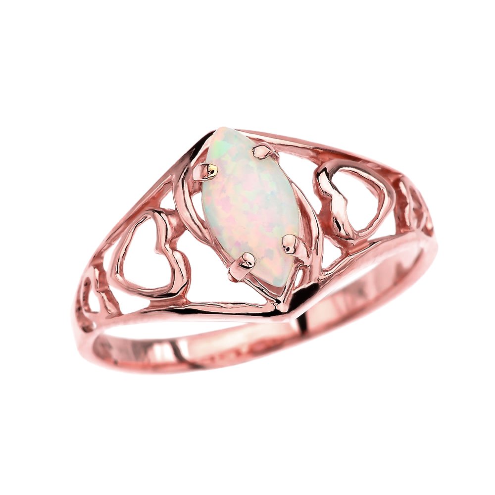 10k Rose Gold Heart Ring With Marquise Lab Created Opal Centerstone (Size 10)