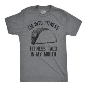 crazy dog mens graphic novelty t shirt i'm into fit’ness taco in my mouth taco tuesday tee cinco de mayo funny gym shirt for men dark heather grey xl